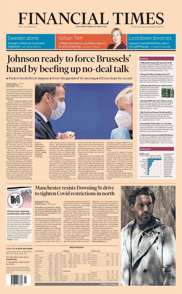 Financial Times Front Page 16th of October 2020 - Tomorrow's Papers Today!