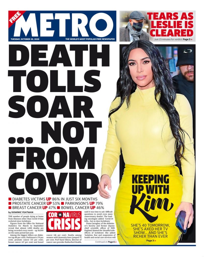 Metro Front Page 20th of October 2020 - Tomorrow's Papers Today!