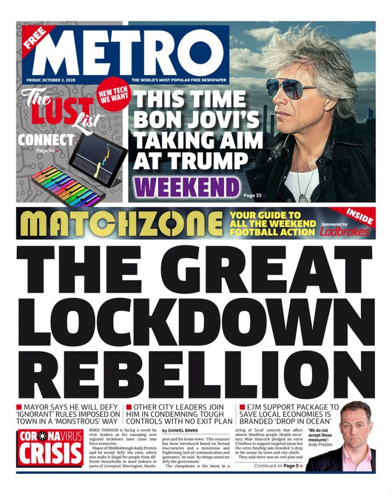 Metro Front Page 2nd of October 2020 - Tomorrow's Papers Today!
