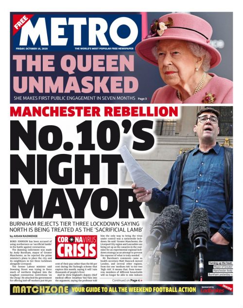 Metro Front Page 16th of October 2020 - Tomorrow's Papers Today!
