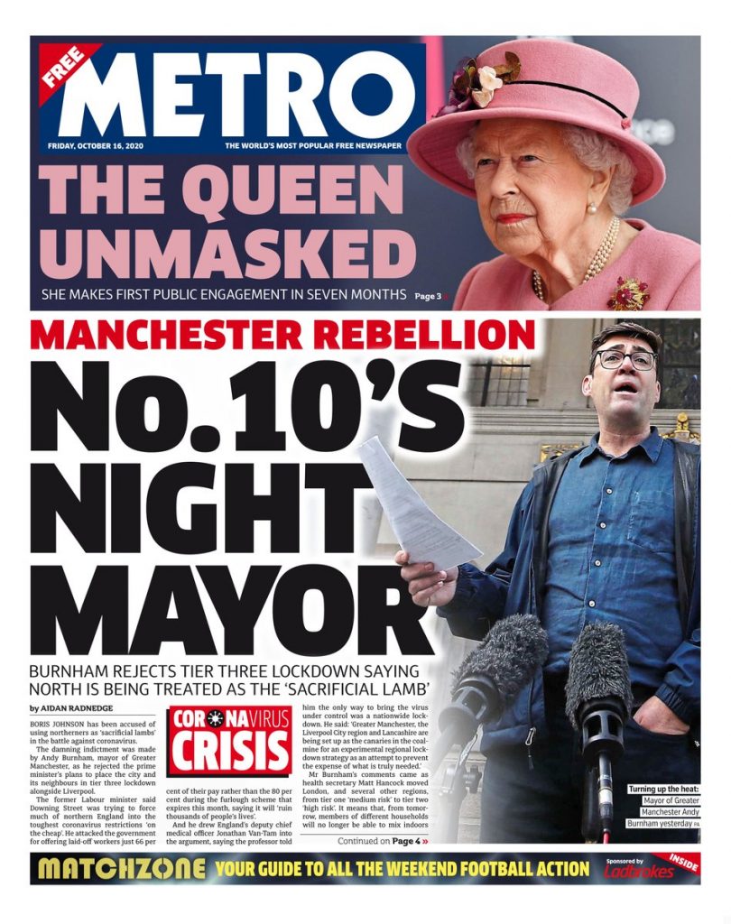 Metro Front Page 16th of October 2020 - Tomorrow's Papers Today!