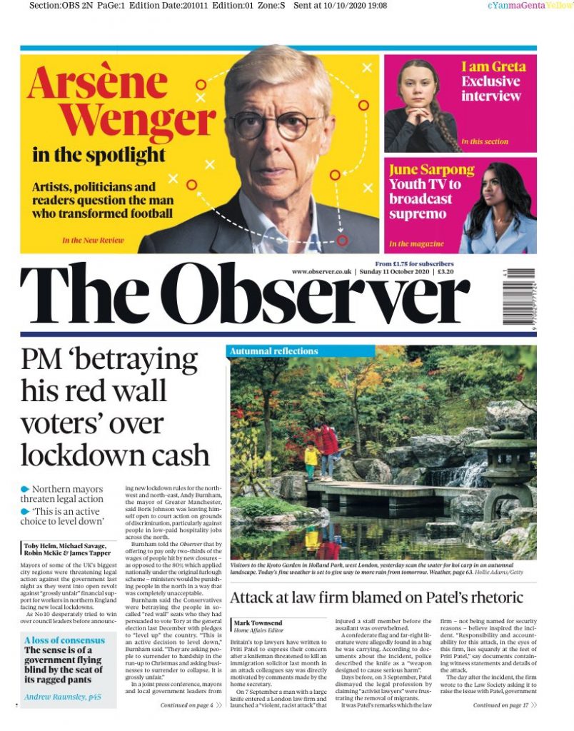 Observer Front Page 11th of October 2020 - Tomorrow's Papers Today!