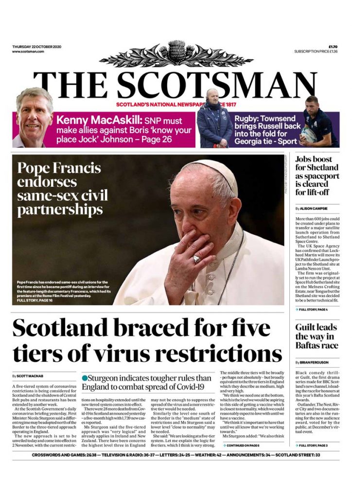 Scotsman Front Page 22nd of October 2020 - Tomorrow's Papers Today!