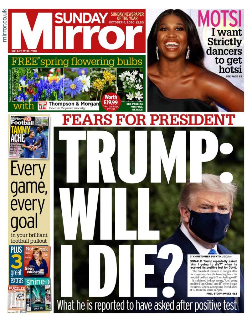 Sunday Mirror Front Page 4th of October 2020 - Tomorrow's Papers Today!