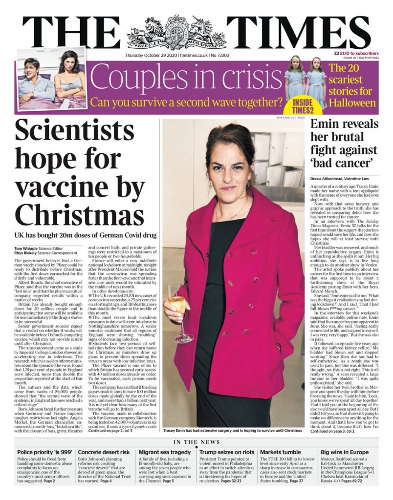 Times Front Page 29th of October 2020 - Tomorrow's Papers Today!