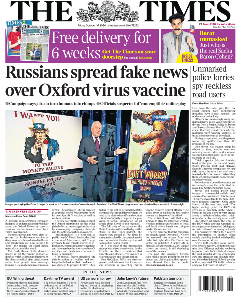 Times Front Page 16th of October 2020 - Tomorrow's Papers Today!