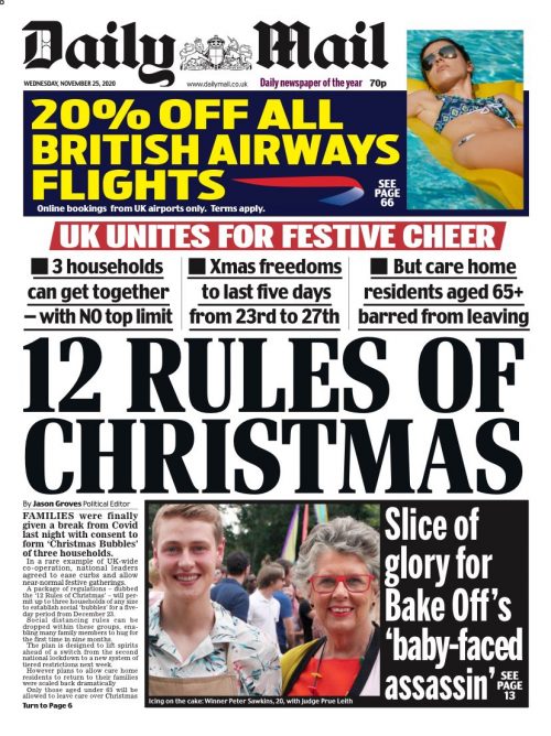 Daily Mail Front Page 25th of November 2020 - Tomorrow's Papers Today!