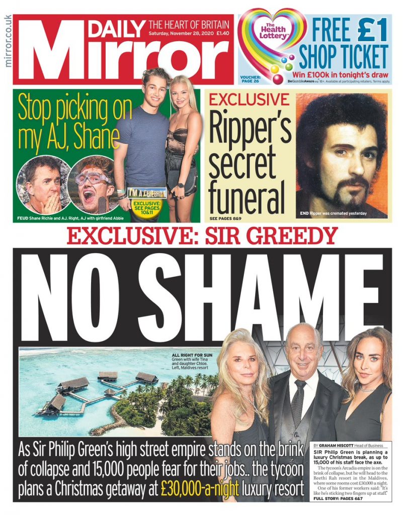 Daily Mirror Front Page 28th of November 2020 - Tomorrow's Papers Today!