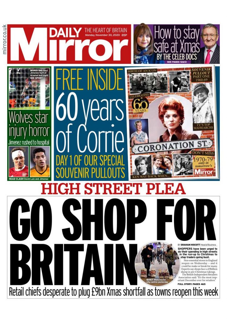 Daily Mirror Front Page 30th of November 2020 - Tomorrow's Papers Today!