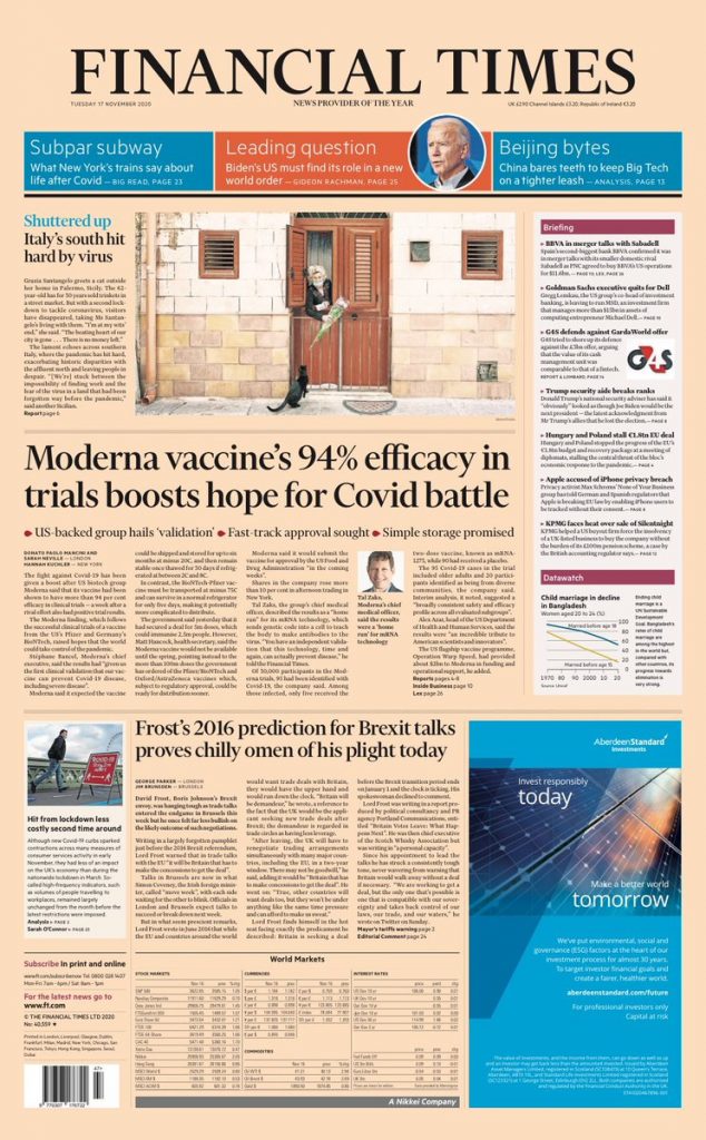 Financial Times Front Page 17th of November 2020 - Tomorrow's Papers Today!