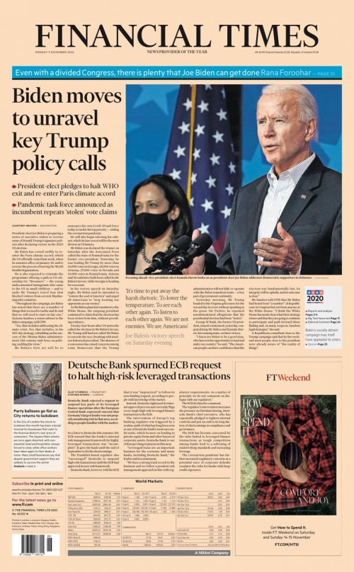 Financial Times Front Page 9th of November 2020 - Tomorrow's Papers Today!