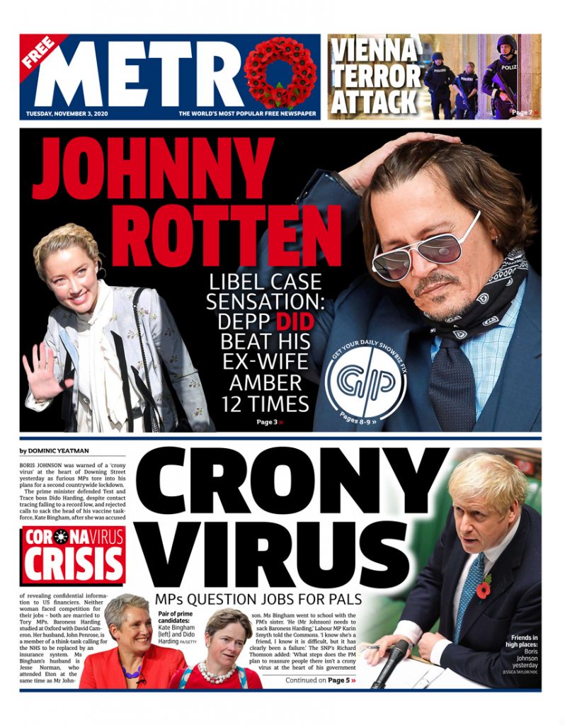 Metro Front Page 3rd of November 2020 - Tomorrow's Papers Today!