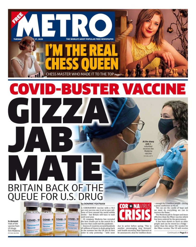Metro Front Page 17th of November 2020 - Tomorrow's Papers Today!