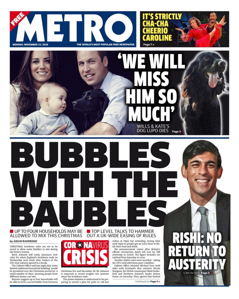 Metro Front Page 23rd of November 2020 - Tomorrow's Papers Today!