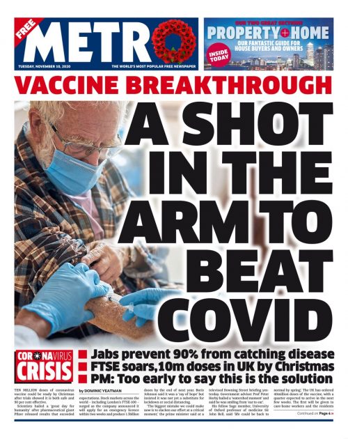 Metro Front Page 10th of November 2020 - Tomorrow's Papers Today!