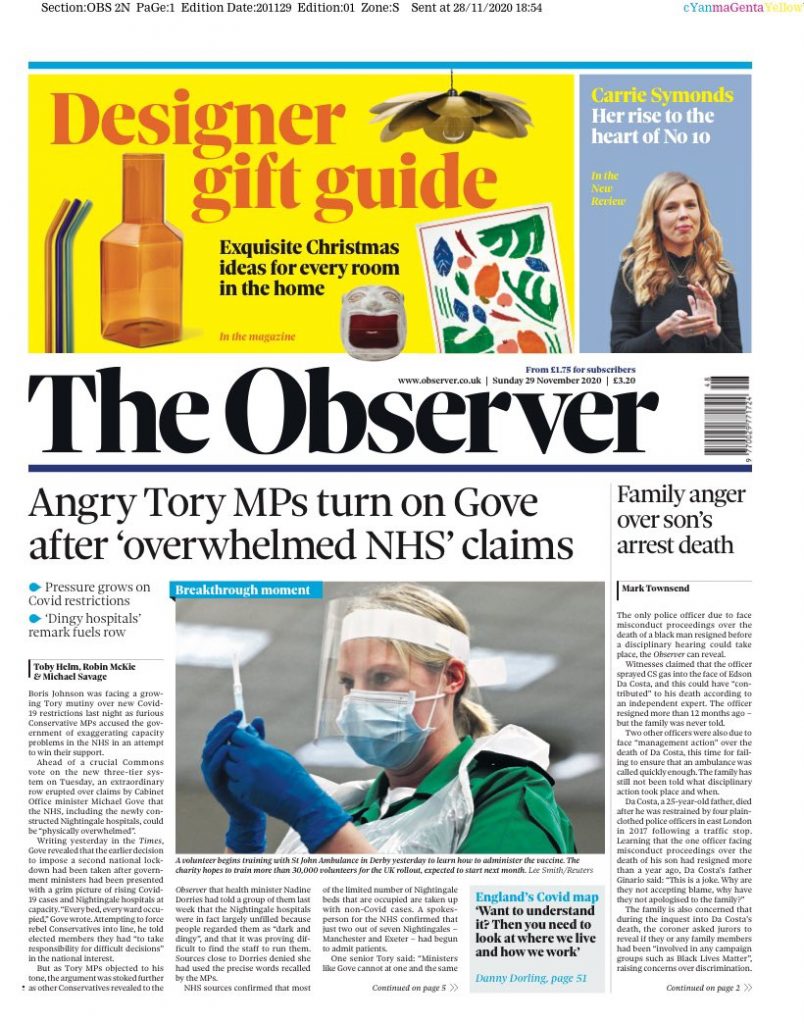 Observer Front Page 29th of November 2020 - Tomorrow's Papers Today!