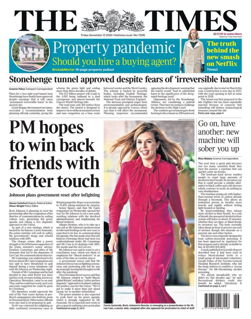 Times Front Page 13th of November 2020 - Tomorrow's Papers Today!