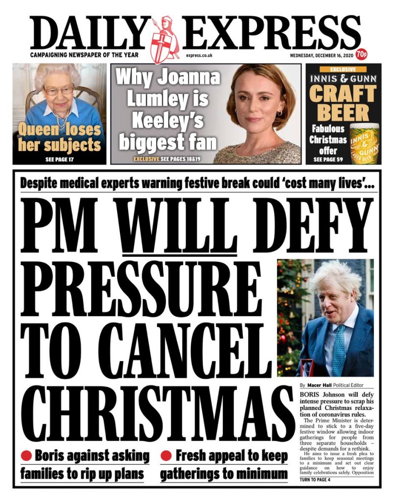 Daily Express Front Page 16th of December 2020 - Tomorrow's Papers Today!