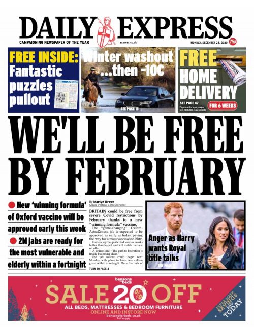 Daily Express Front Page 28th of December 2020 - Tomorrow's Papers Today!