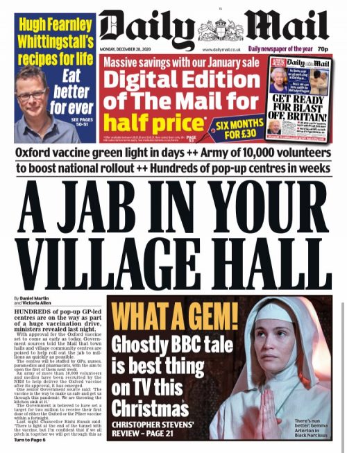 Daily Mail Front Page 28th of December 2020 - Tomorrow's Papers Today!