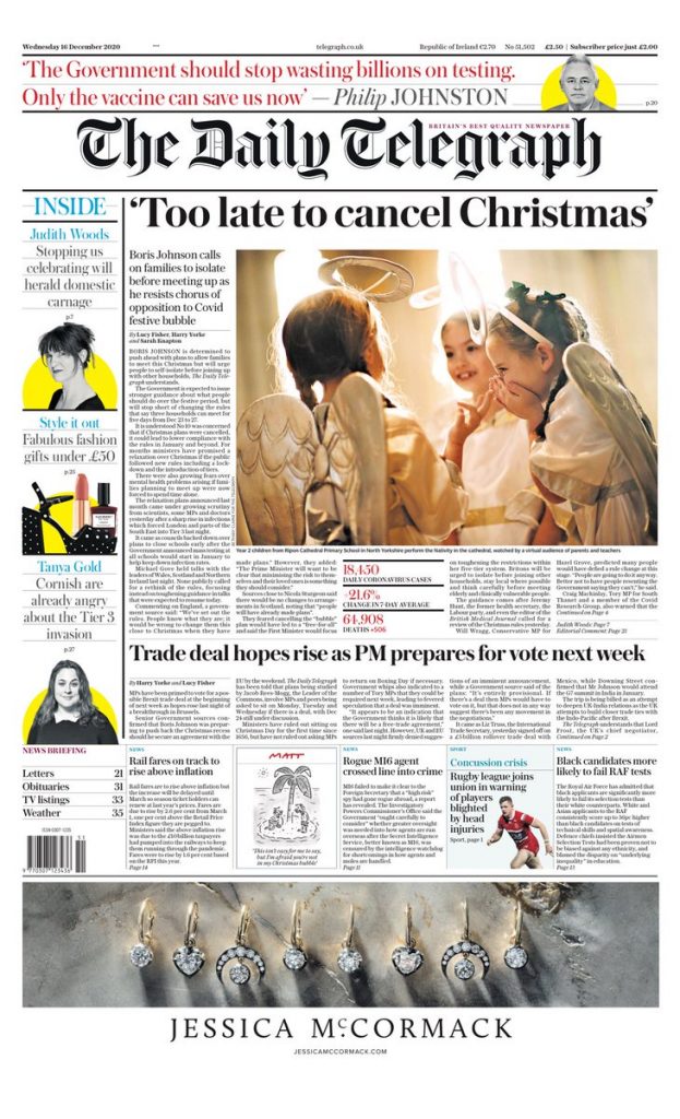Daily Telegraph Front Page 16th of December 2020 - Tomorrow's Papers Today!
