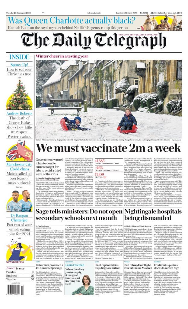 Daily Telegraph Front Page 29th of December 2020 - Tomorrow's Papers Today!
