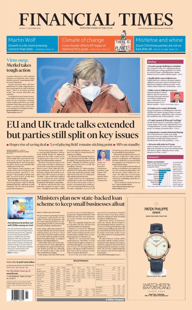 Financial Times Front Page 14th of December 2020 - Tomorrow's Papers Today!
