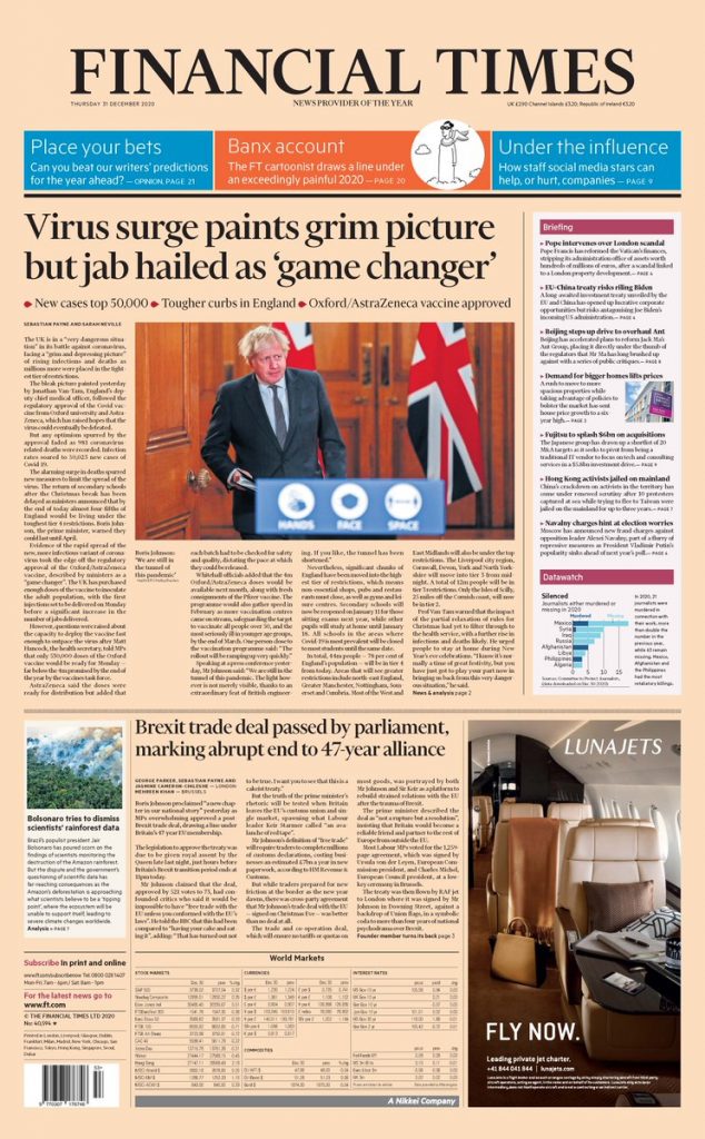 Financial Times Front Page 31st of December 2020 - Tomorrow's Papers Today!