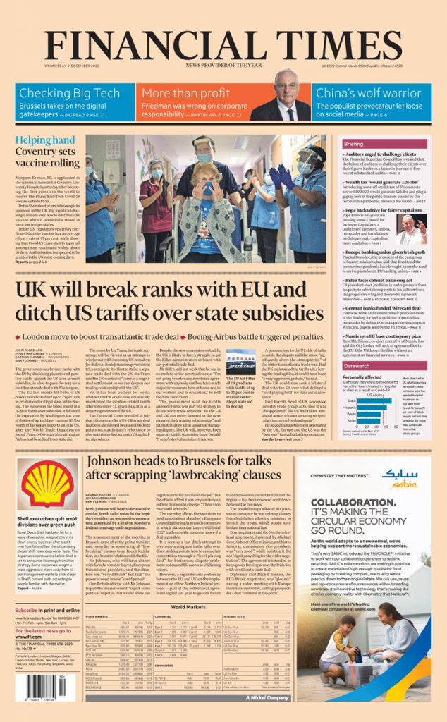 Financial Times Front Page 9th of December 2020 - Tomorrow's Papers Today!