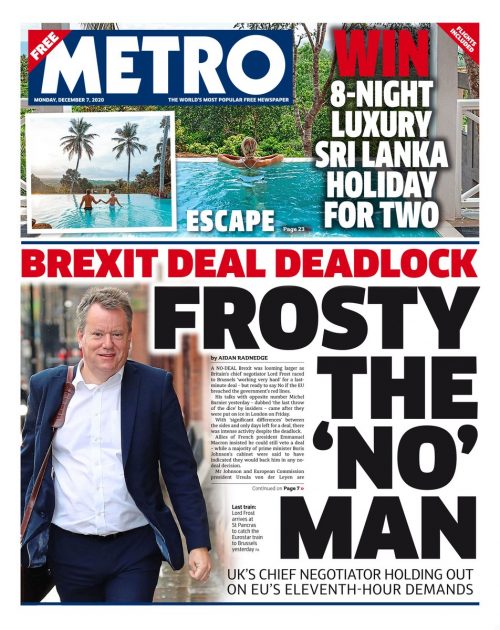 Metro Front Page 7th of December 2020 - Tomorrow's Papers Today!