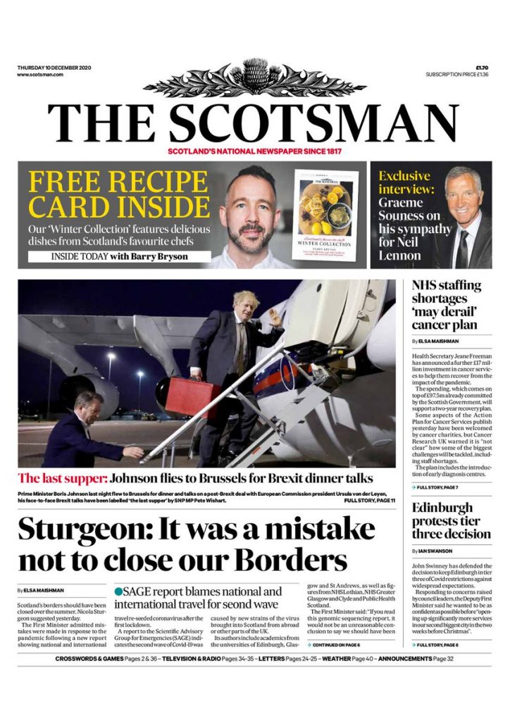 Scotsman Front Page 10th of December 2020 - Tomorrow's Papers Today!