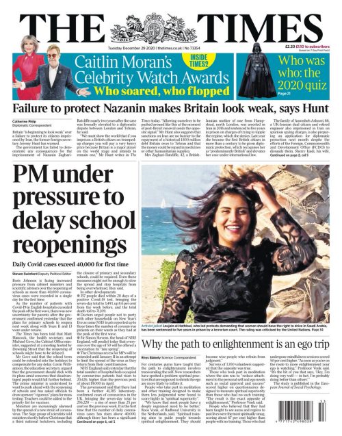Times Front Page 29th of December 2020 - Tomorrow's Papers Today!