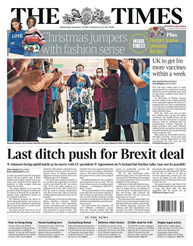 Times Front Page 9th of December 2020 - Tomorrow's Papers Today!