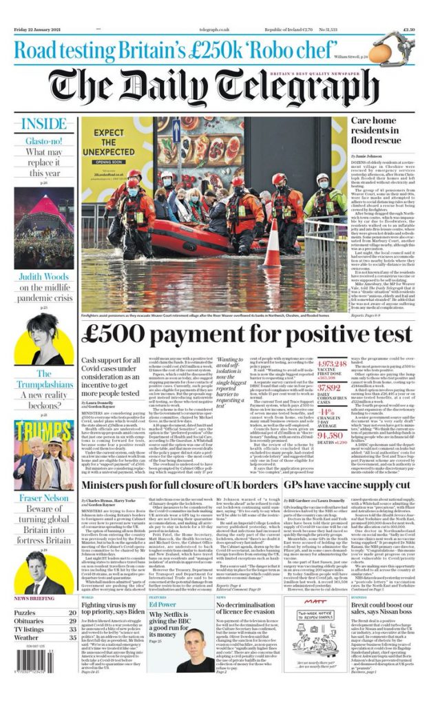 Daily Telegraph Front Page 22nd of January 2021 - Tomorrow's Papers Today!