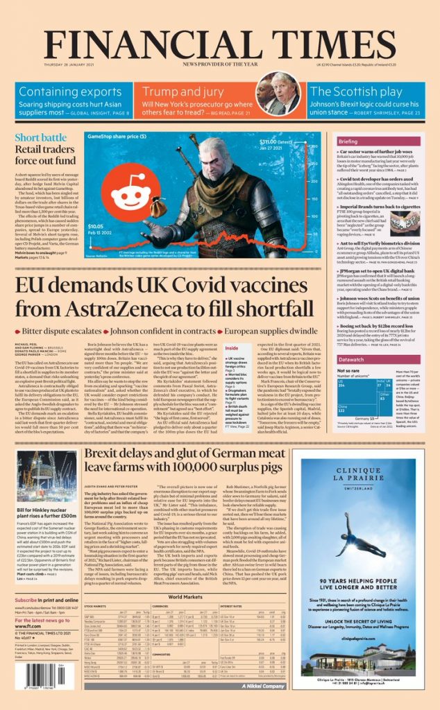Financial Times Front Page 28th of January 2021 - Tomorrow's Papers Today!