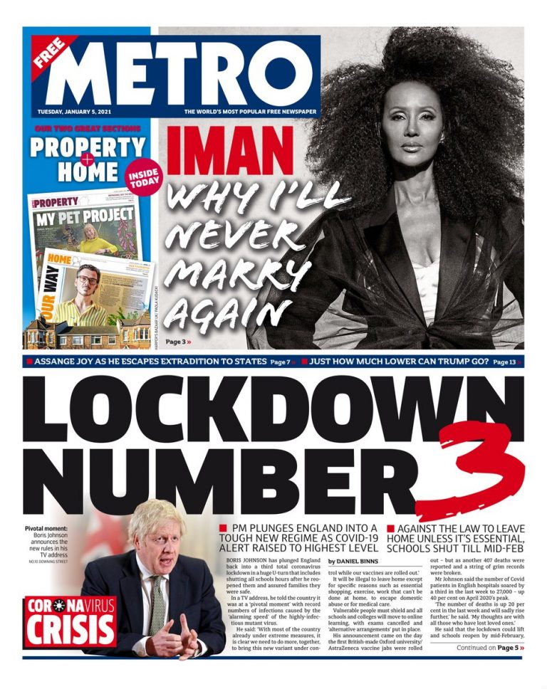 Metro Front Page 5th of January 2021 - Tomorrow's Papers Today!