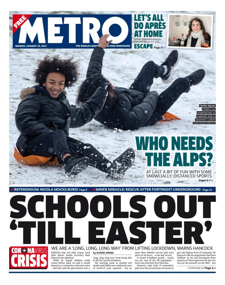 Metro Front Page 25th of January 2021 - Tomorrow's Papers Today!