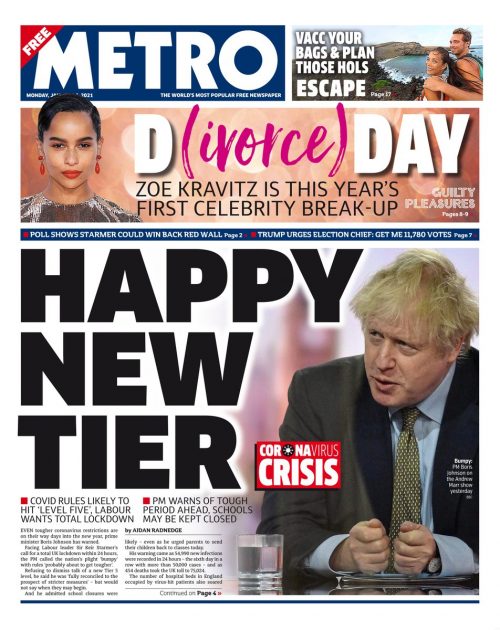 Metro Front Page 4th of January 2021 - Tomorrow's Papers Today!