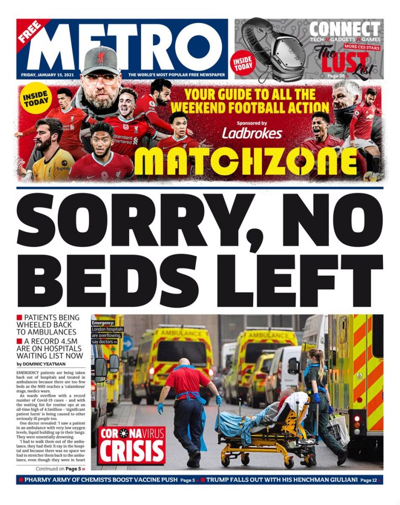 Metro Front Page 15th of January 2021 - Tomorrow's Papers Today!