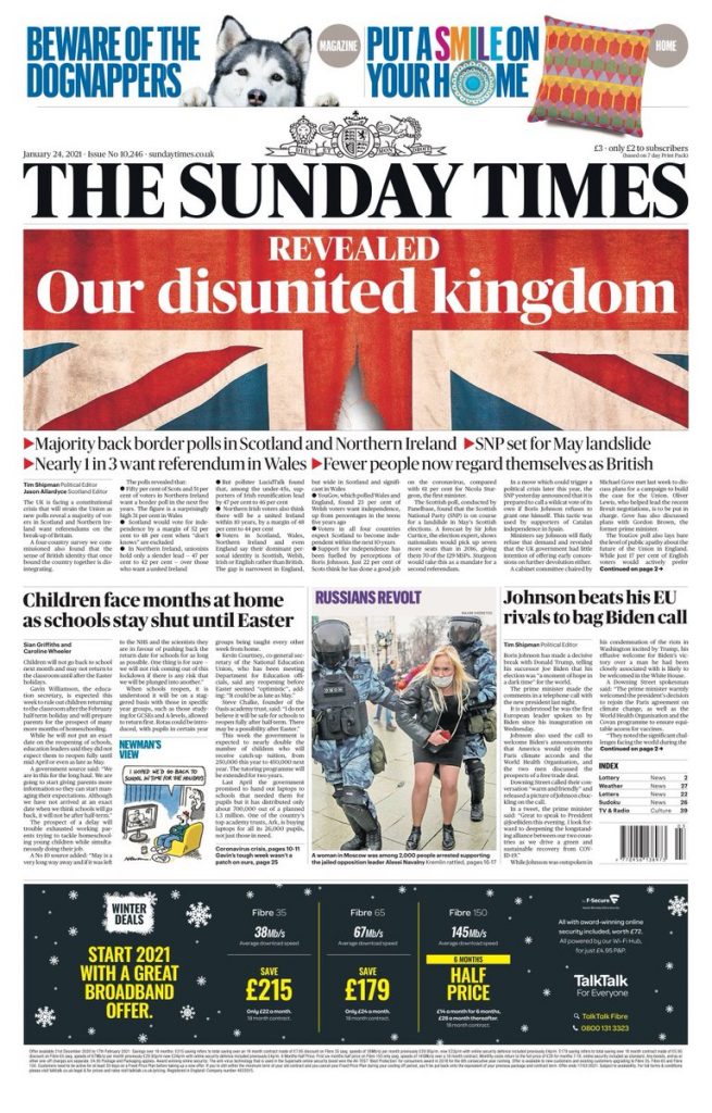 Sunday Times Front Page 24th of January 2021 - Tomorrow's Papers Today!