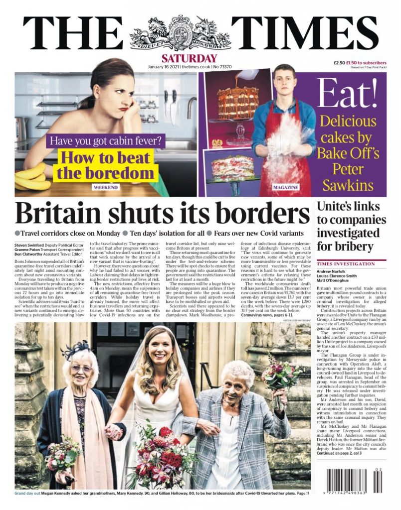 Times Front Page 16th of January 2021 - Tomorrow's Papers Today!