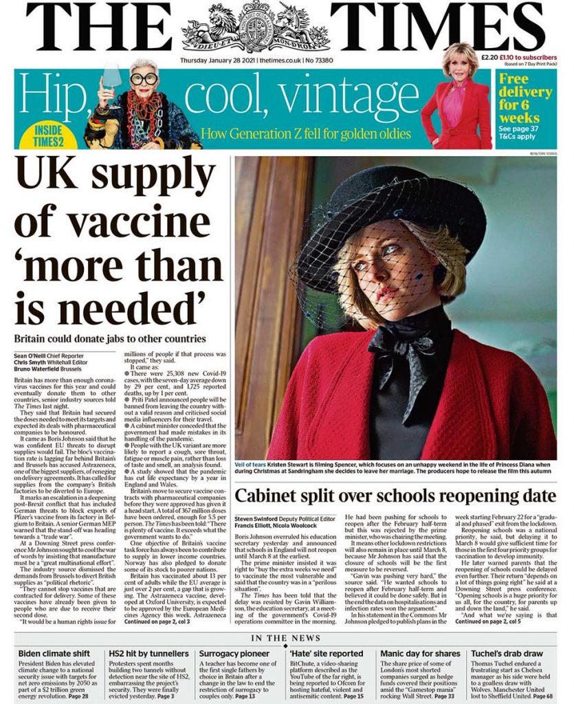 Times Front Page 28th of January 2021 - Tomorrow's Papers Today!