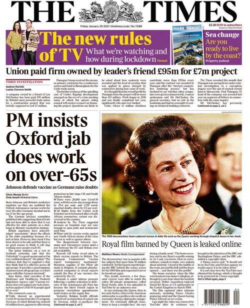 Times Front Page 29th of January 2021 - Tomorrow's Papers Today!