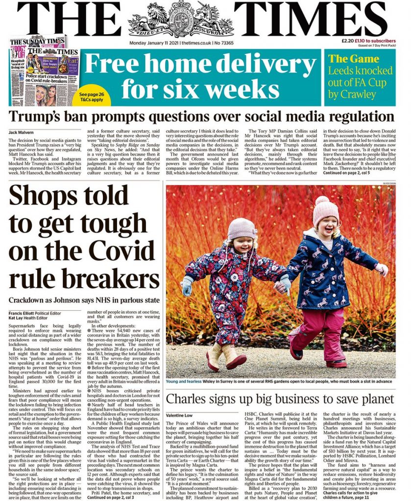 Times Front Page 11th of January 2021 - Tomorrow's Papers Today!