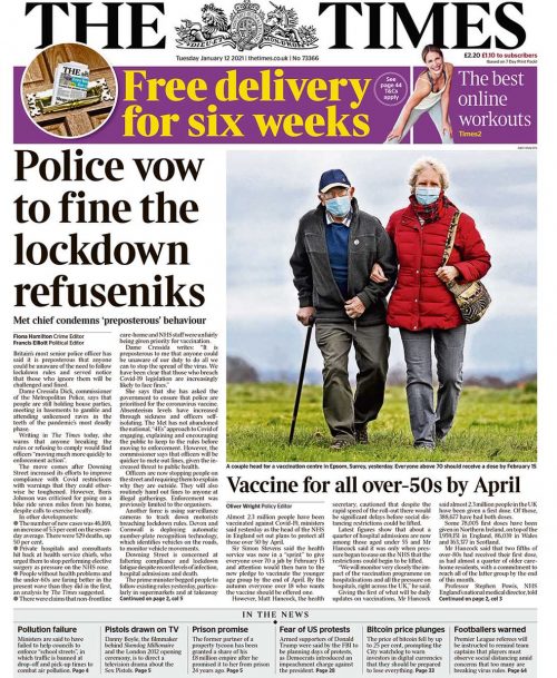 Times Front Page 12th of January 2021 - Tomorrow's Papers Today!