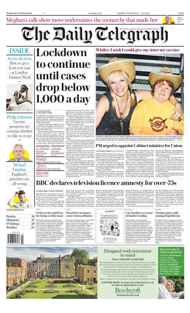 Daily Telegraph Front Page 17th of February 2021 - Tomorrow's Papers Today!