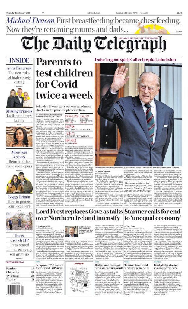 Daily Telegraph Front Page 18th of February 2021 - Tomorrow's Papers Today!