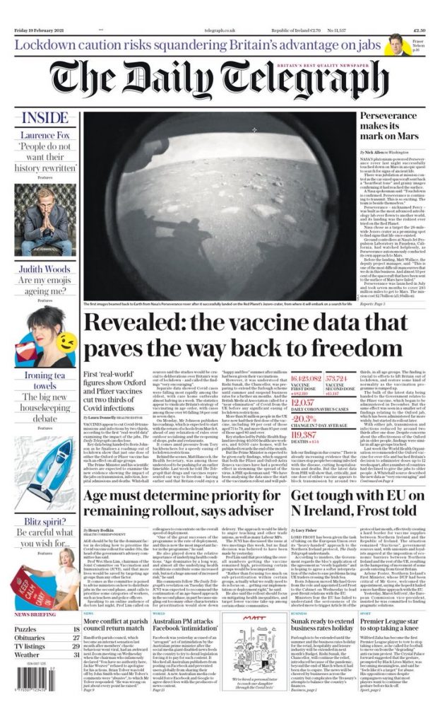 Daily Telegraph Front Page 19th of February 2021 - Tomorrow's Papers Today!
