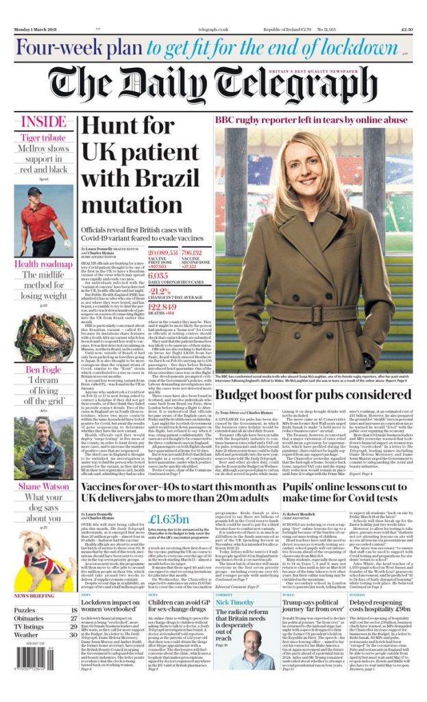 Daily Telegraph Front Page 1st of March 2021 - Tomorrow's Papers Today!