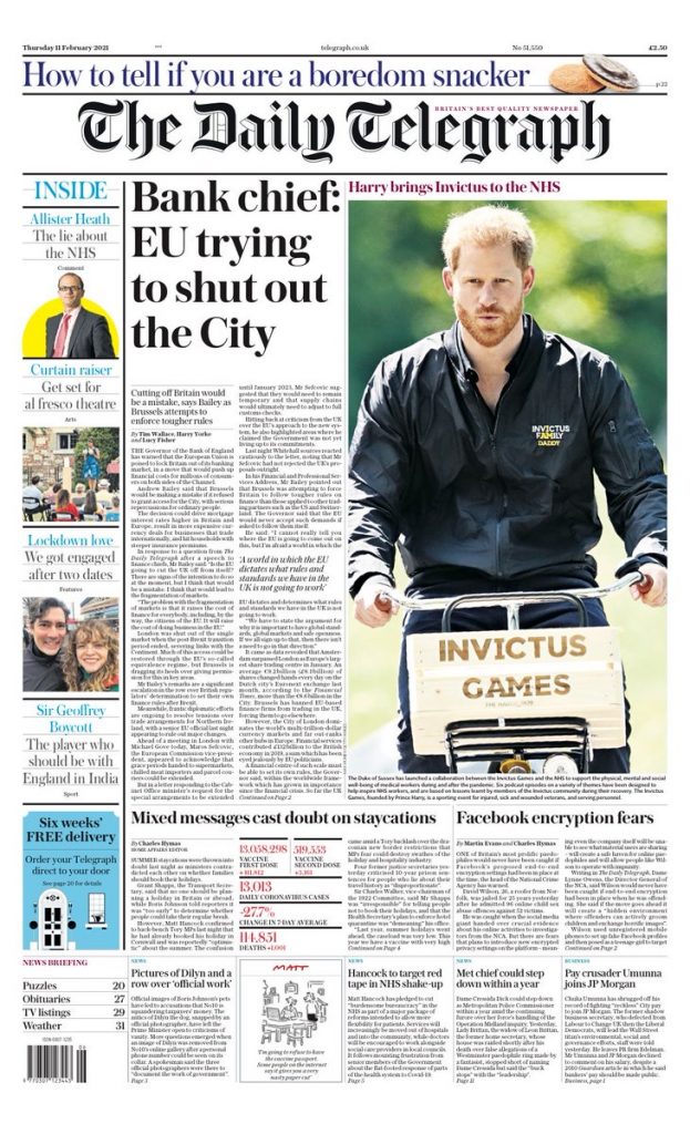 Daily Telegraph Front Page 11th of February 2021 - Tomorrow's Papers Today!